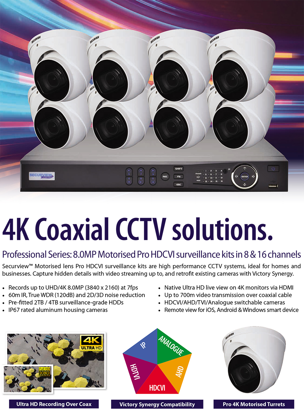 Securview Professional 8 Channel 8.0MP HDCVI Surveillance Kit (4 x Motorised Cameras, 2TB HDD ...